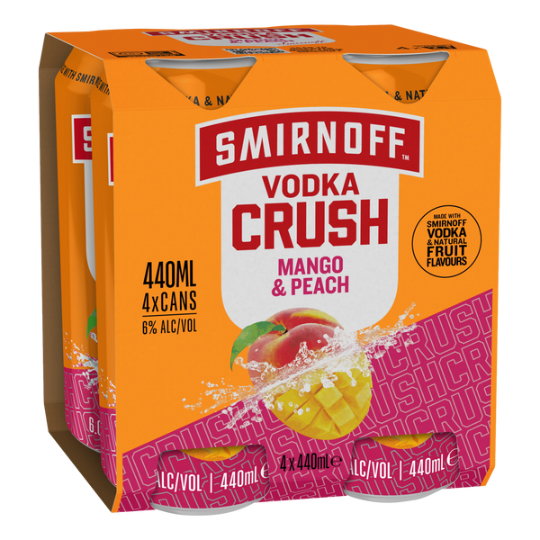 Smirnoff Vodka CRUSH Mango & Peach 6% 440ml Can 4 Pack - Camperdown Cellars
