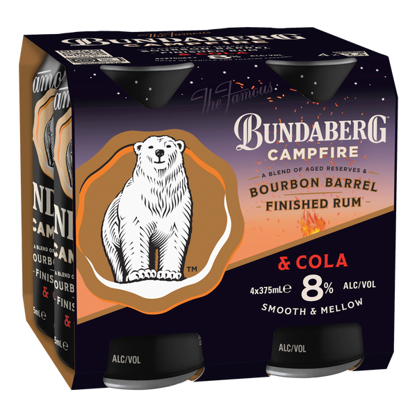Bundaberg Campfire Bourbon Barrel Rum & Cola 8% 375ml Can 4 Pack - Camperdown Cellars