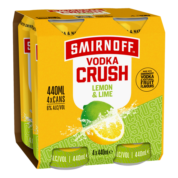Smirnoff Vodka CRUSH Lemon & Lime 6% 440ml Can 4 Pack - Camperdown Cellars